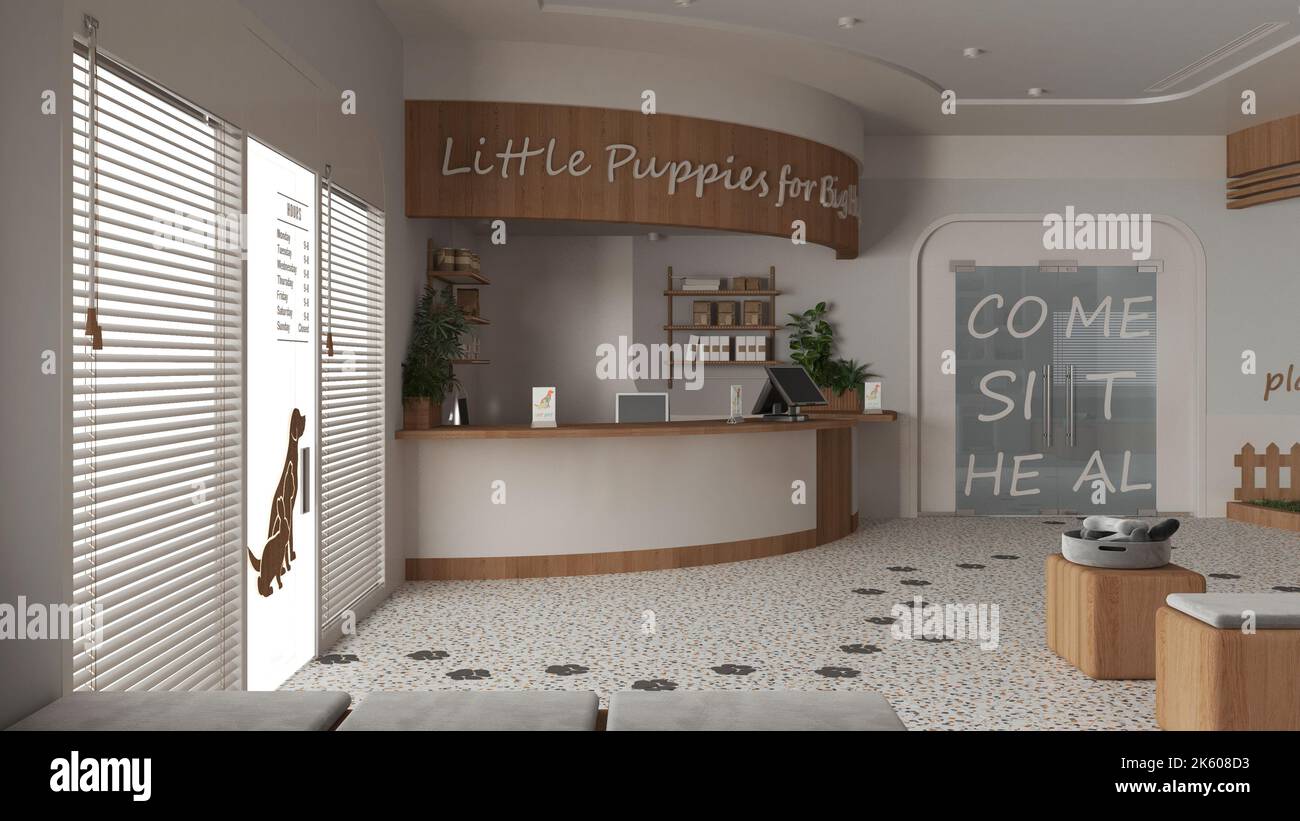 Veterinary hospital waiting room in white and wooden tones. Reception ...