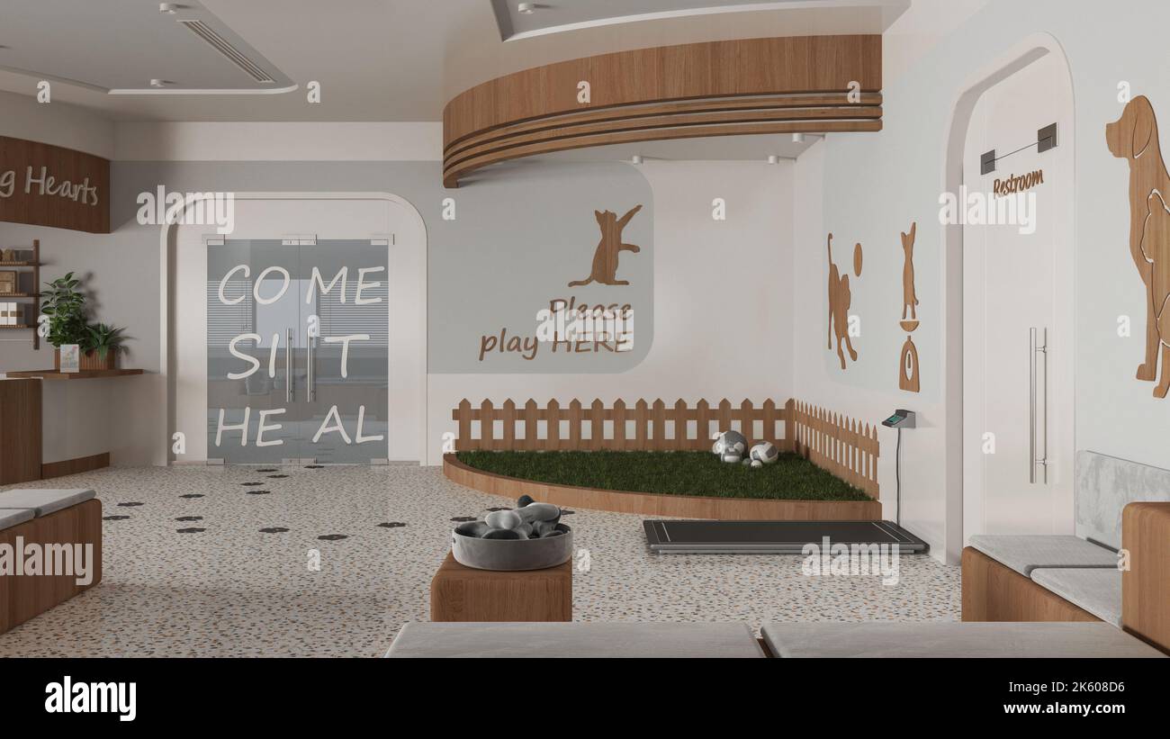 Veterinary architecture project in white and wooden tones. Waiting room ...