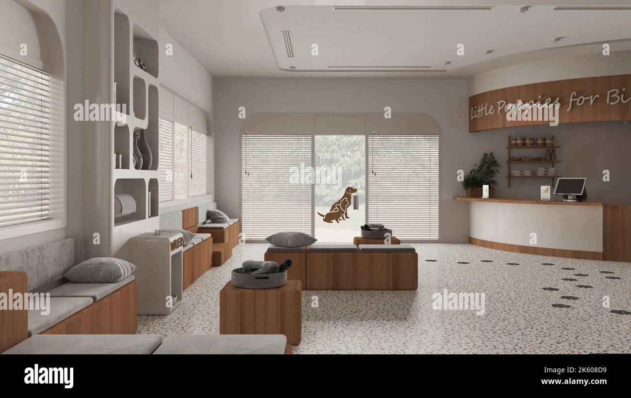 Veterinary hospital waiting room in white and wooden tones. Sitting ...