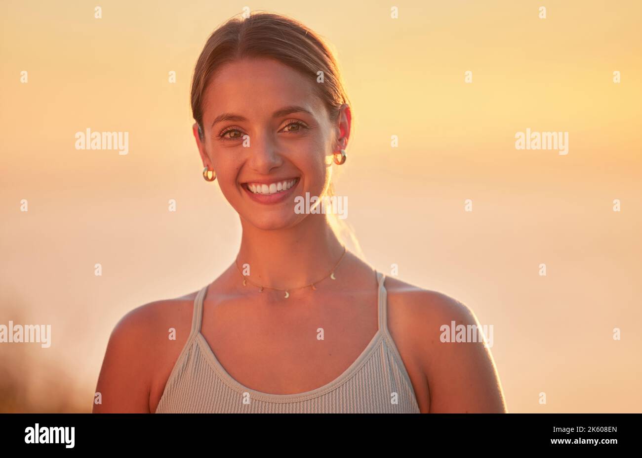 Portrait of yoga woman outside after outdoor practice in remote nature ...