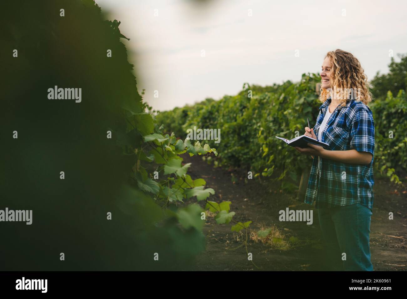 Side view of a gardener holding a notepad looking for information and ...