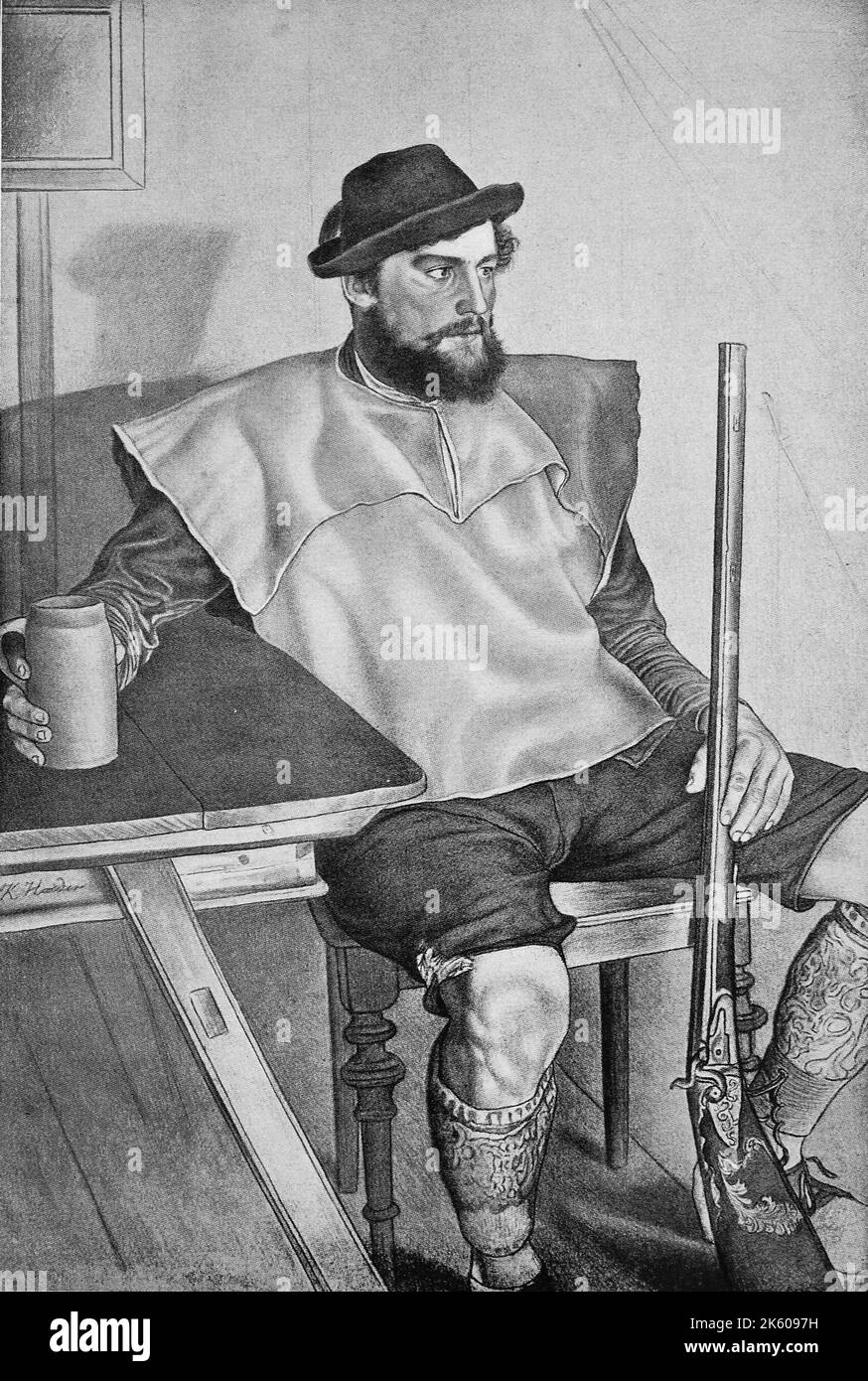 Der Jäger mit seinem Jagdgewehr im Wirtshaus, mit einem Bierkrug, 1889 ...