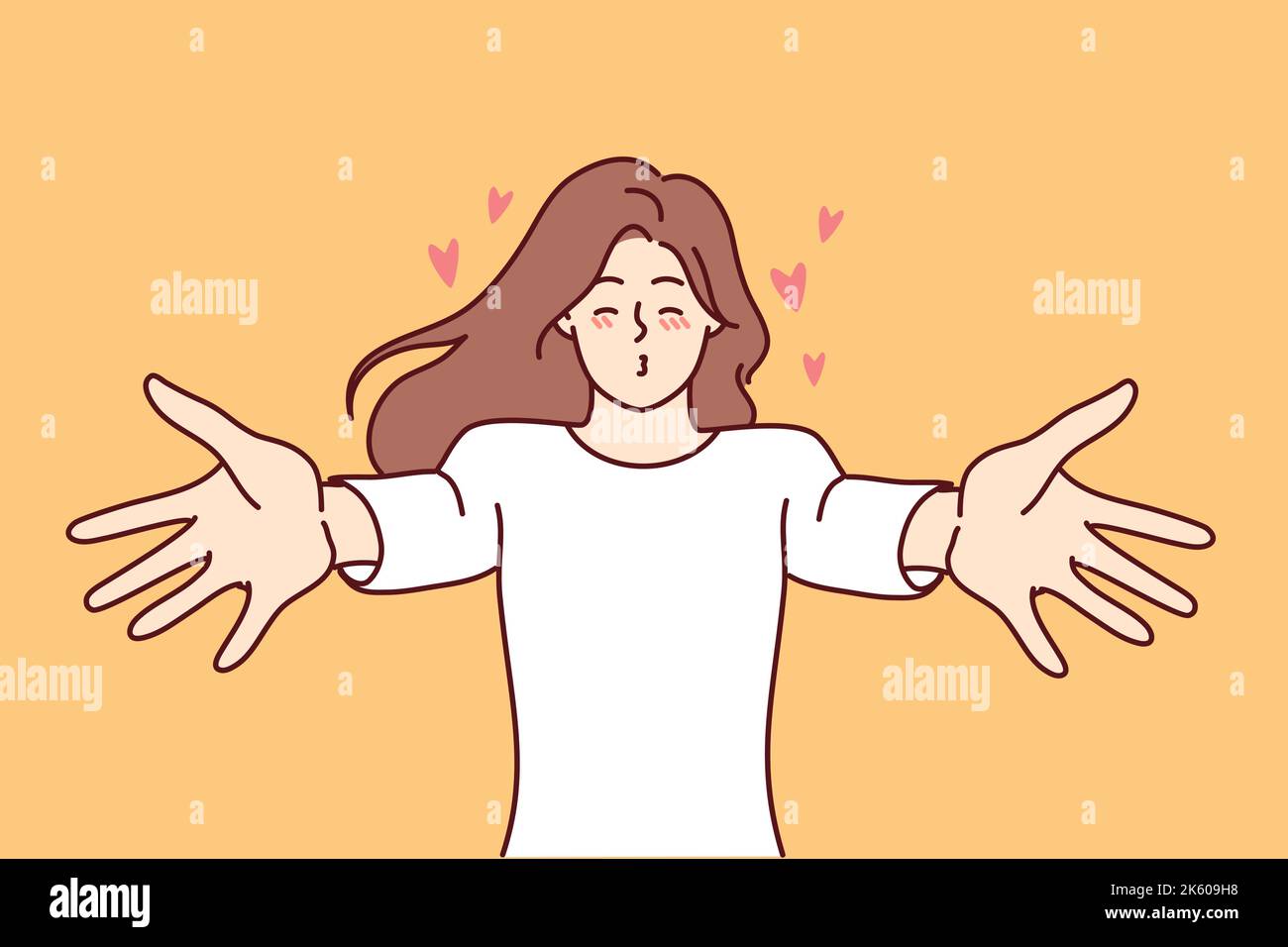 Happy young woman stretch arms waiting for love and kisses. Smiling girl share affection and ...