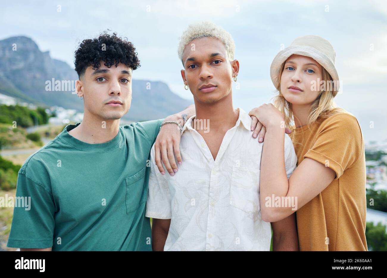 Fashion, friends and summer with a man and woman friend group standing ...