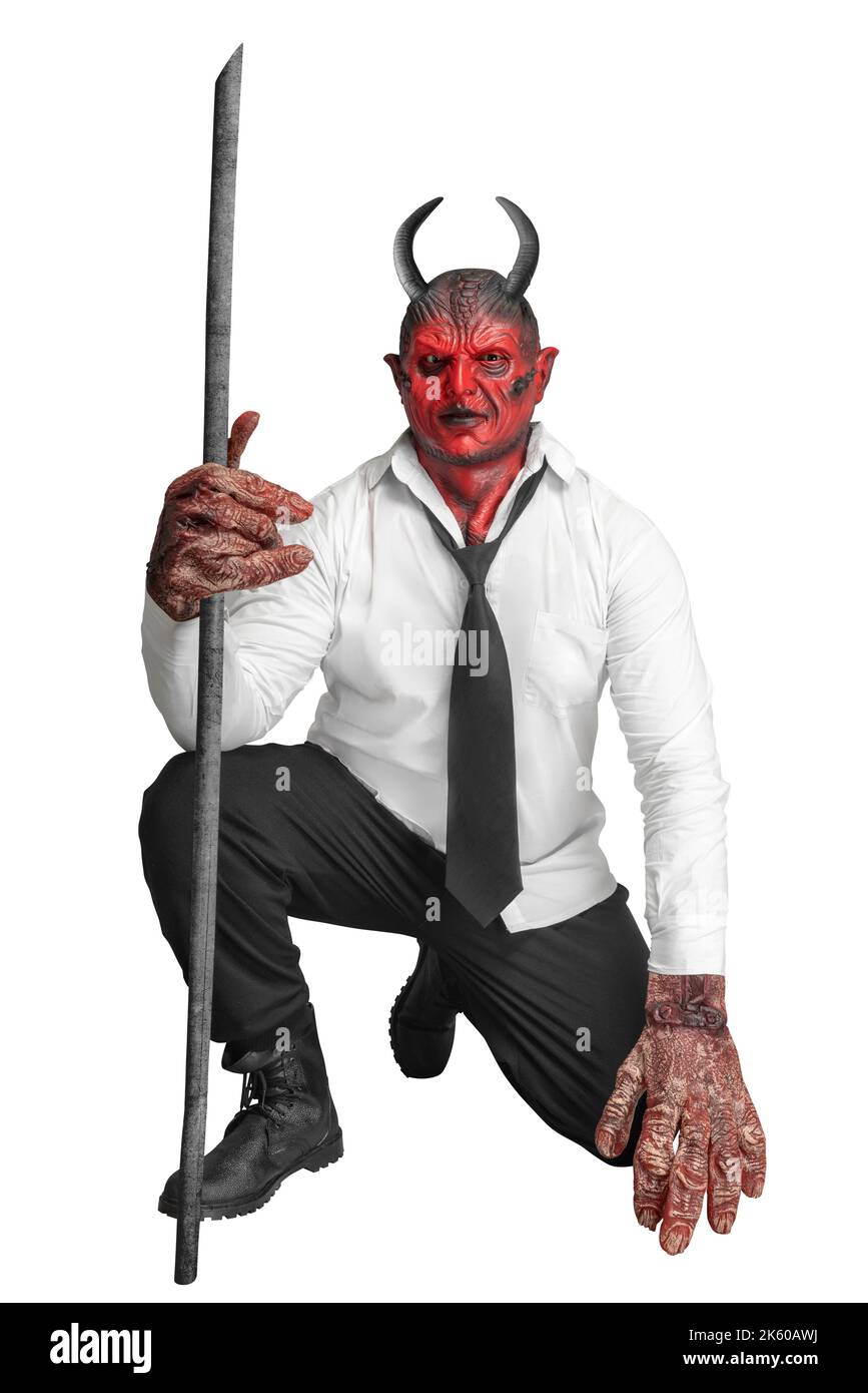 Devilman holding sticks isolated over white background. Halloween ...