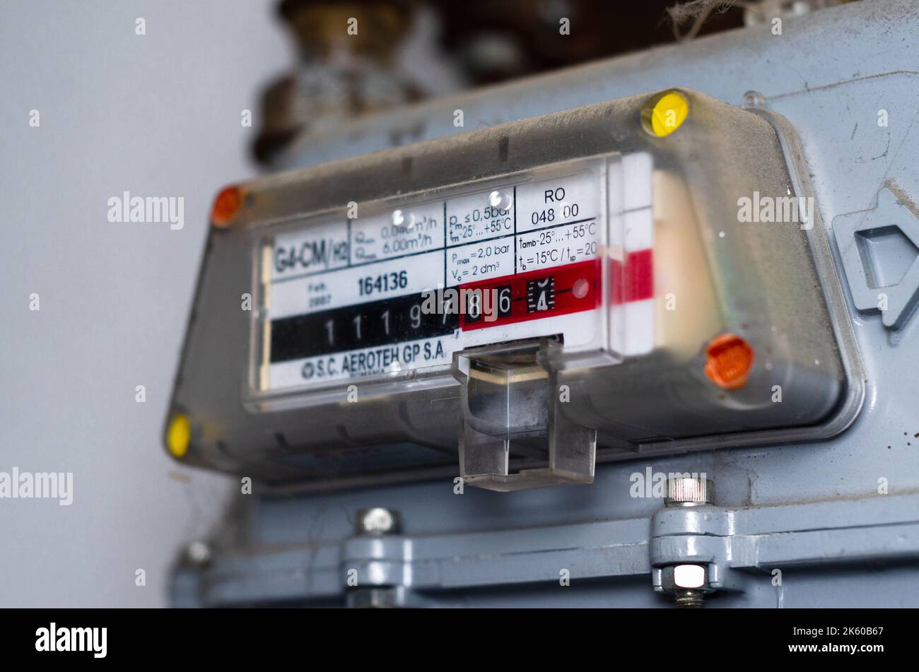 Analog screen of household natural gas meter. Utility bills ...