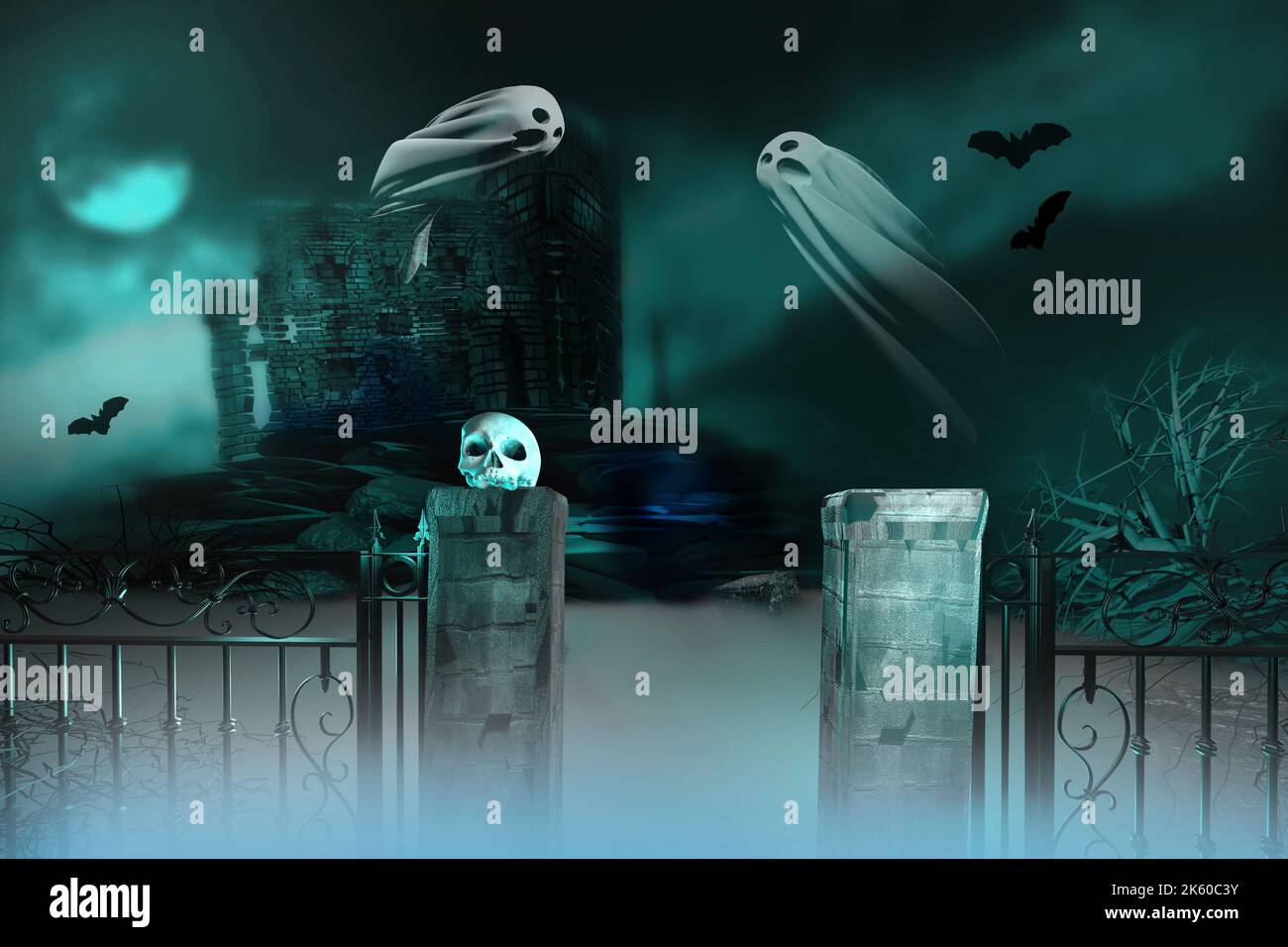 Halloween background. Spooky night at cemetery with ghosts, human skull ...