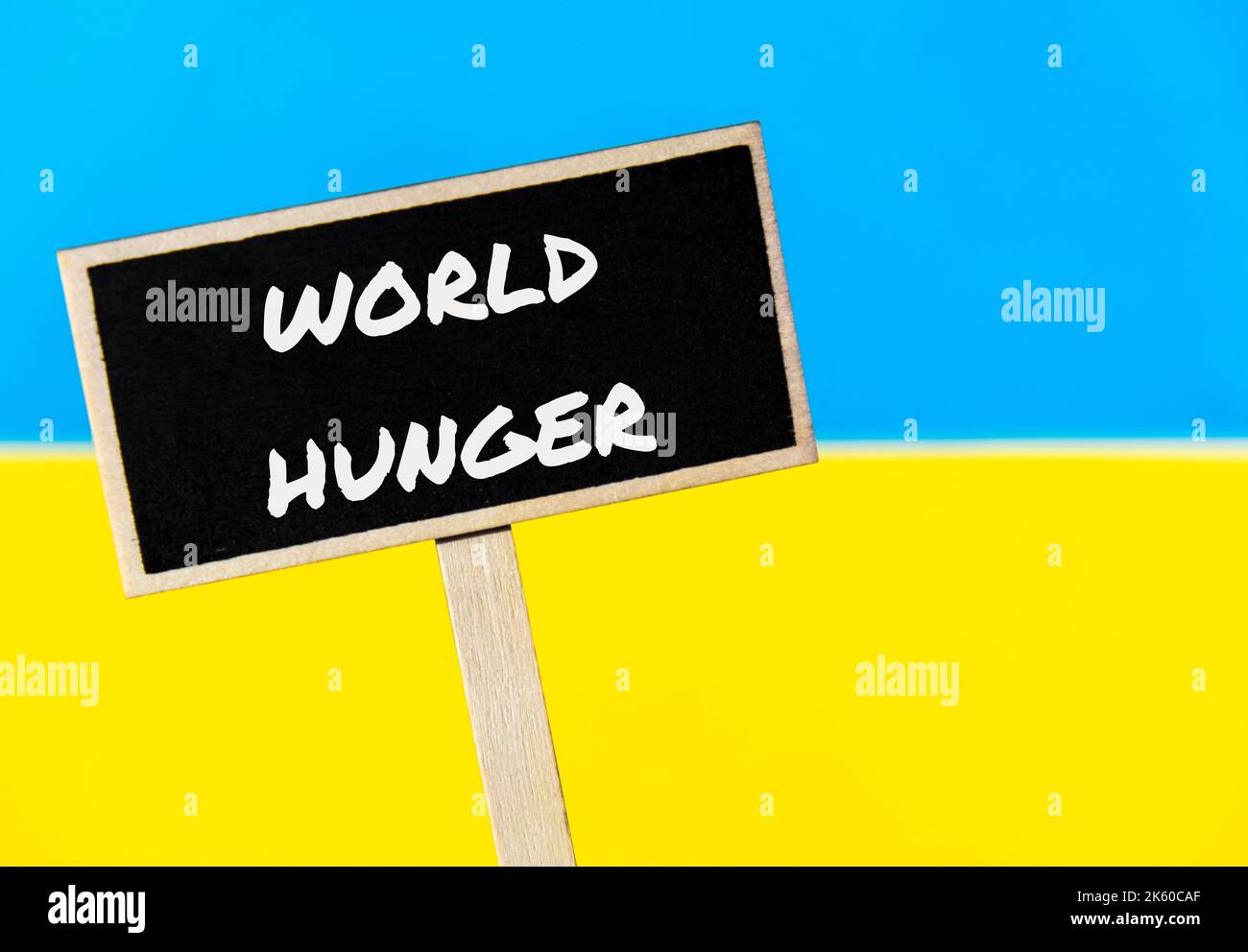 Wooden information label sign with text WORLD HUNGER against Ukrainian ...