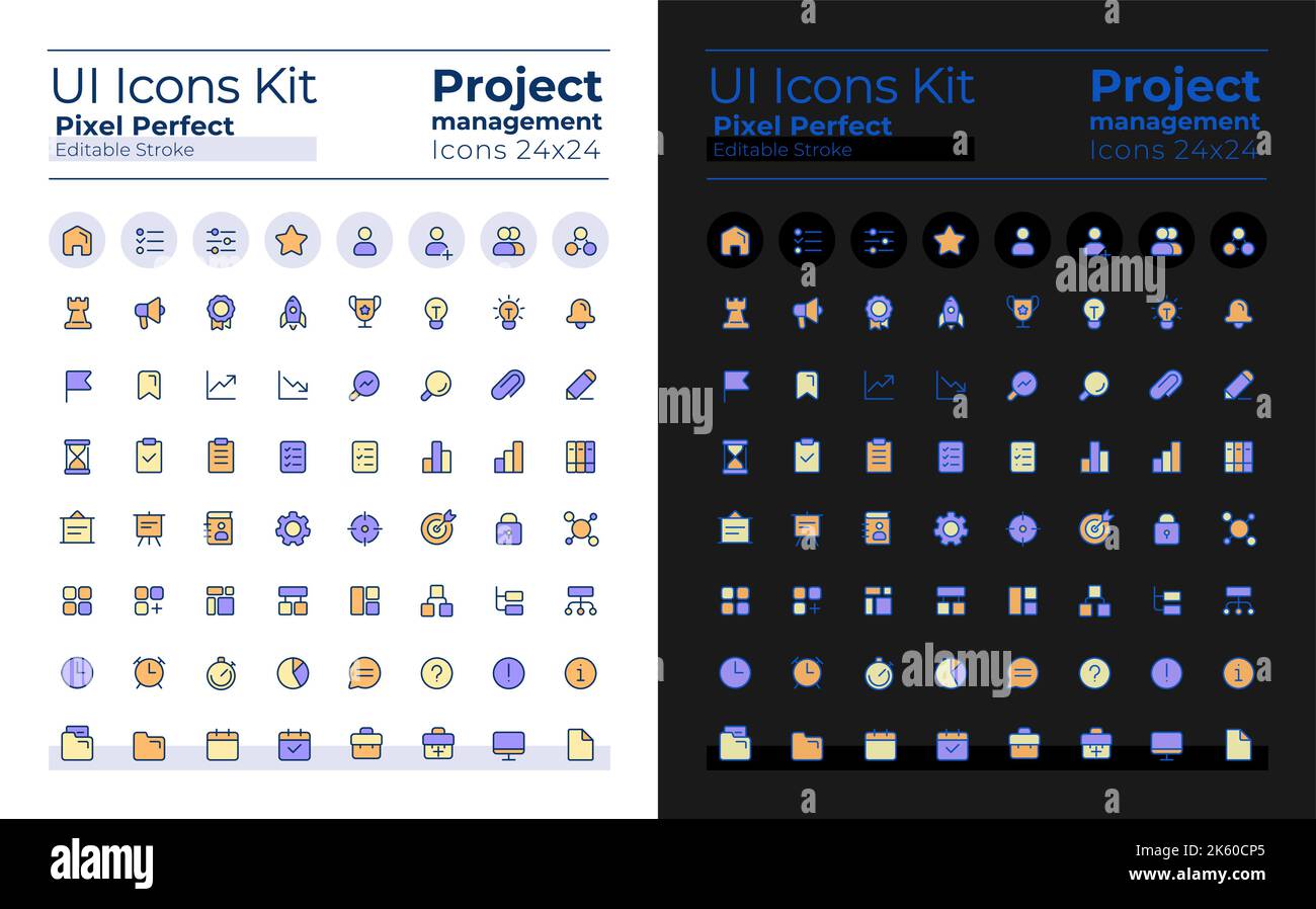 Project management pixel perfect RGB color ui icons kit for dark, light ...