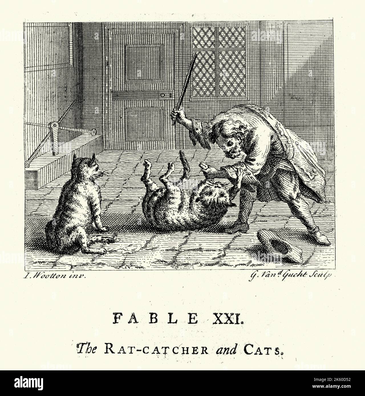 Vintage engraving The rat cathcer and the cats, From the Fables of John ...
