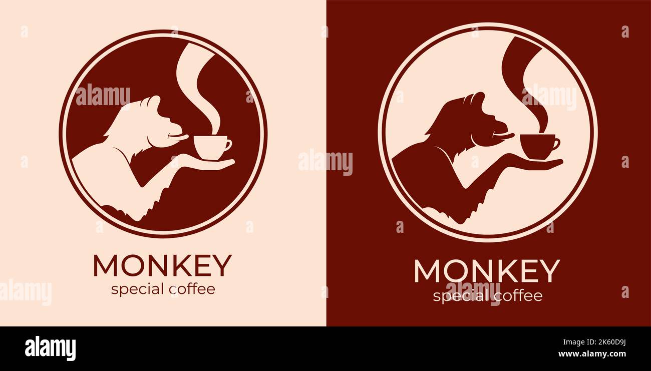Monkey with a cup of coffee or tea. Logo or badge for coffee shops and ...