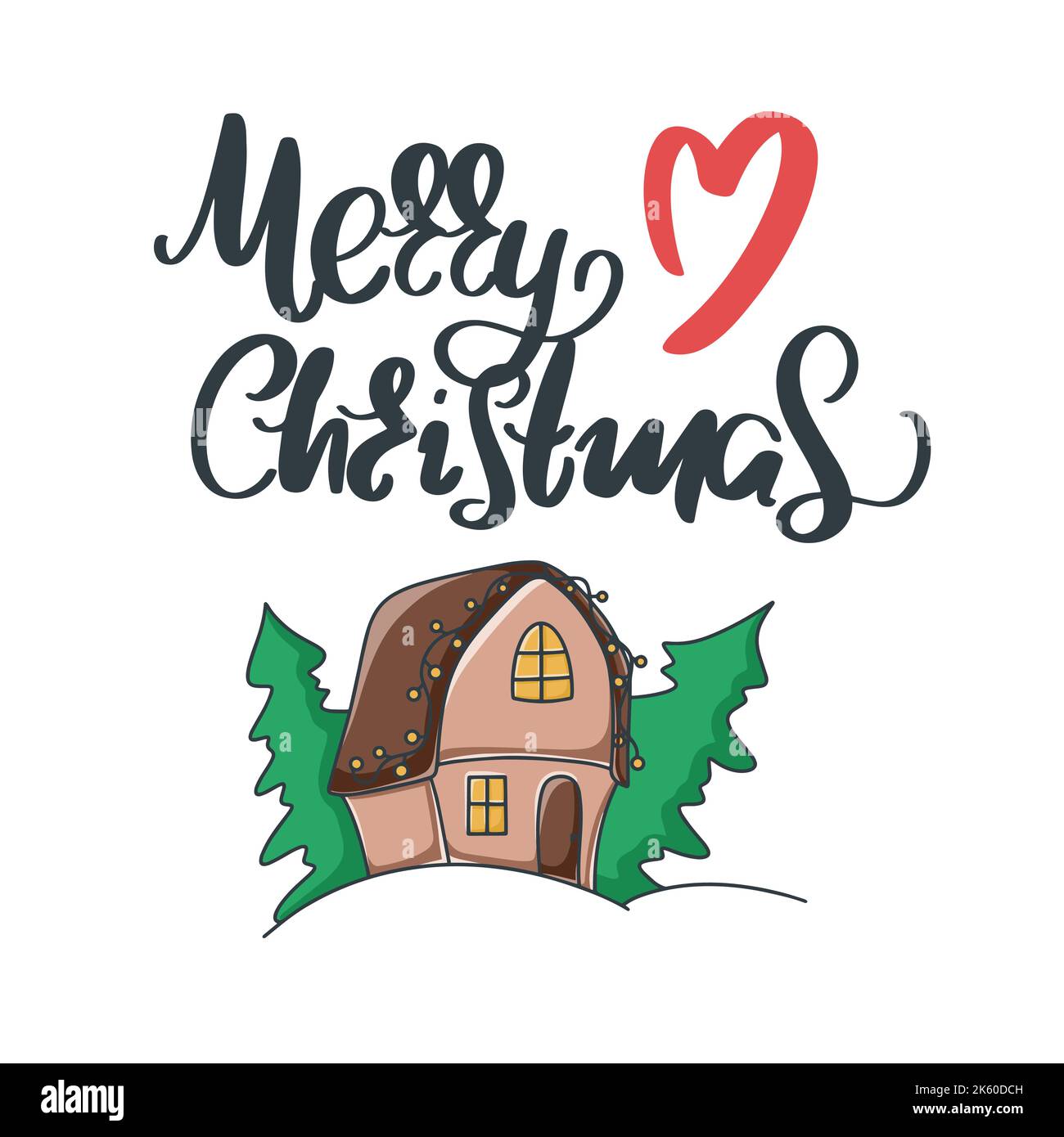 Illuminated christmas house and merry christmas lettering. New Year's ...