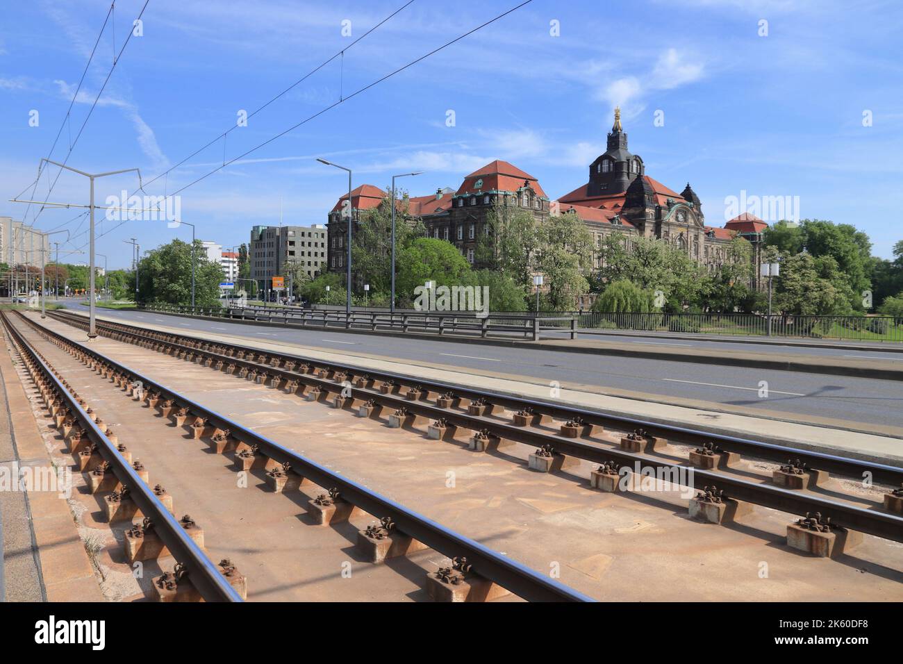 Tram tracks in Dresden, Germany. Separate concrete ties for each track ...
