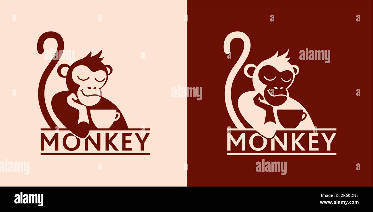 Monkey with a cup of coffee or tea. Logo or badge for coffee shops and ...