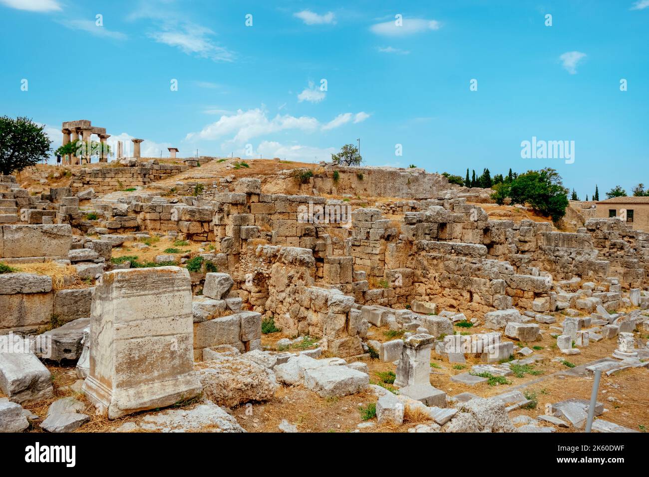 a view of the archaeological site of Ancient Corinth, in Greece, on a ...