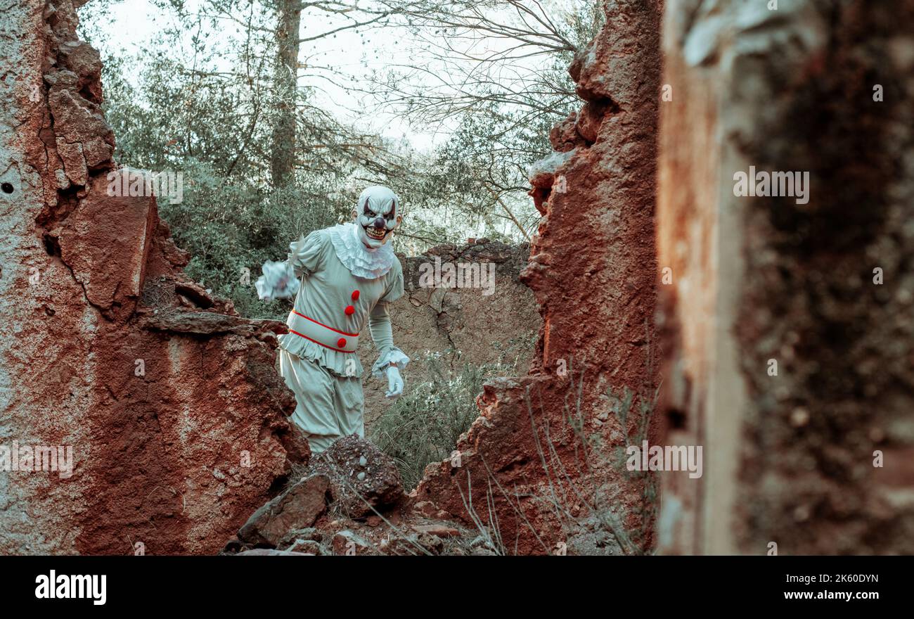 a scary evil clown in motion, in a gray costume with white ruffles, and ...