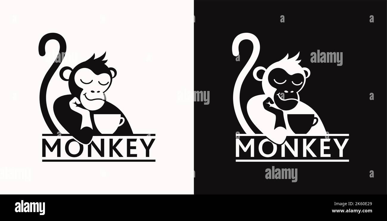 Monkey with a cup of coffee or tea. Logo or badge for coffee shops and ...