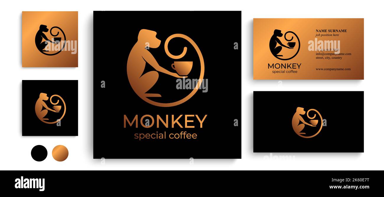 Monkey with a cup of coffee or tea. Logo or badge for coffee shops and ...