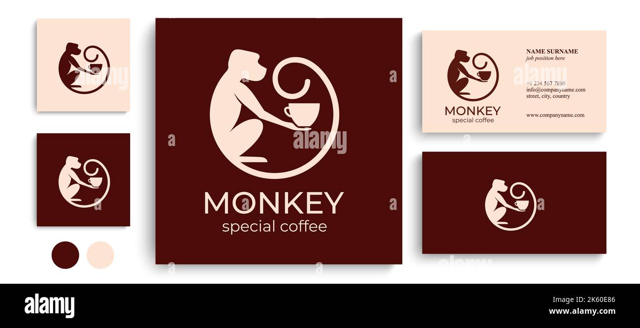 Monkey with a cup of coffee or tea. Logo or badge for coffee shops and ...