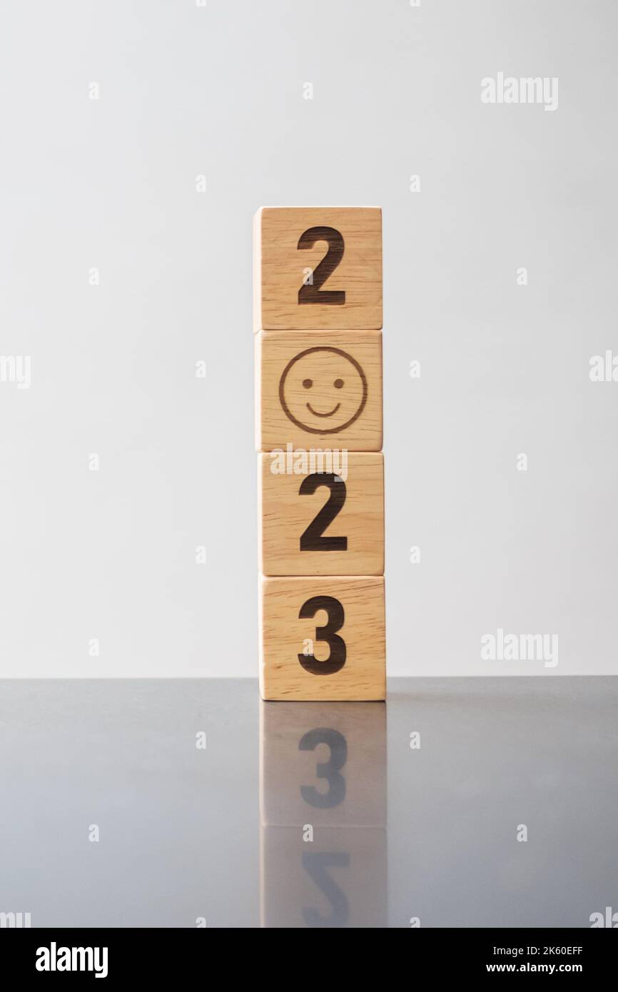 Smile face block with 2023 text. Satisfaction, feedback, Review and New ...