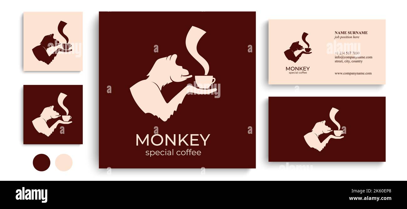 Monkey with a cup of coffee or tea. Logo or badge for coffee shops and ...