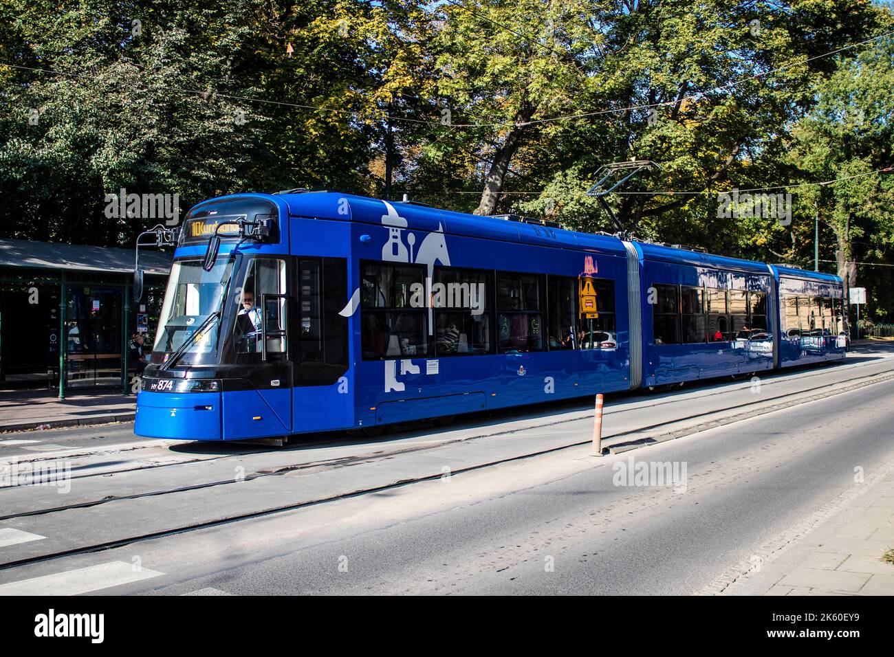 Krakow, Poland - October 08, 2022 Modern electric tram driving in the ...