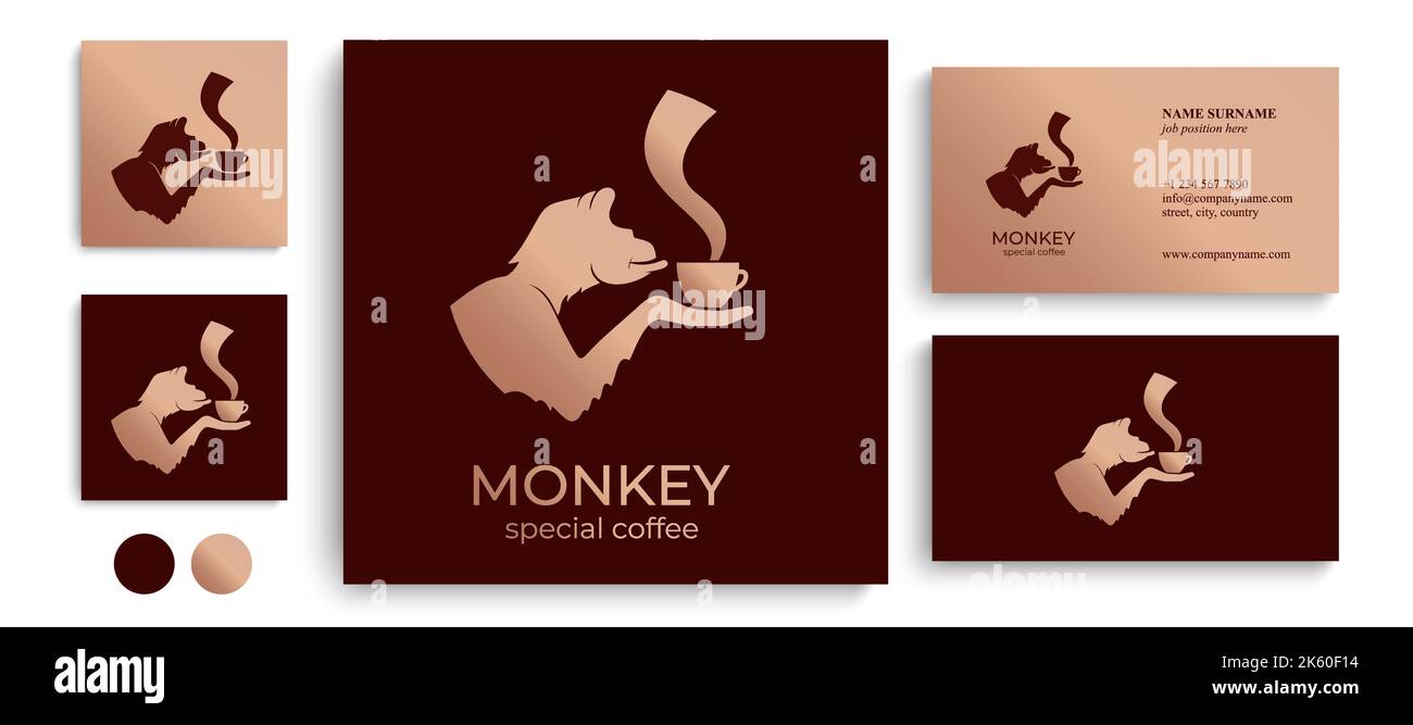 Monkey with a cup of coffee or tea. Logo or badge for coffee shops and ...