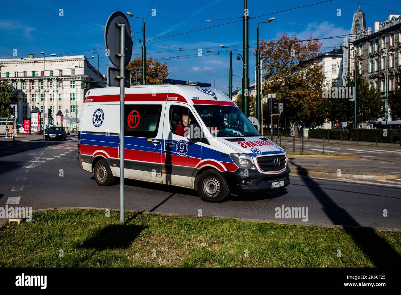 Krakow, Poland - October 08, 2022 Ambulance driving in the city center ...