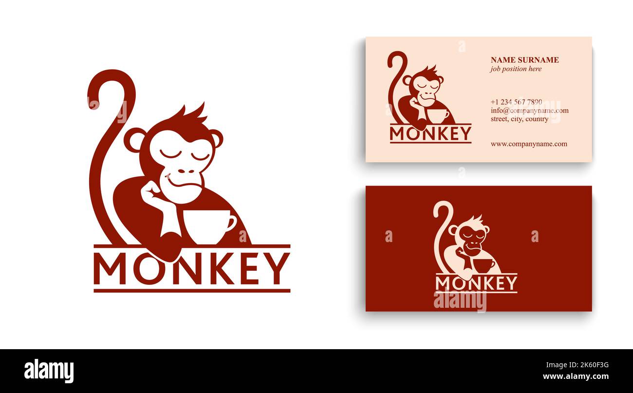 Monkey with a cup of coffee or tea. Logo or badge for coffee shops and ...