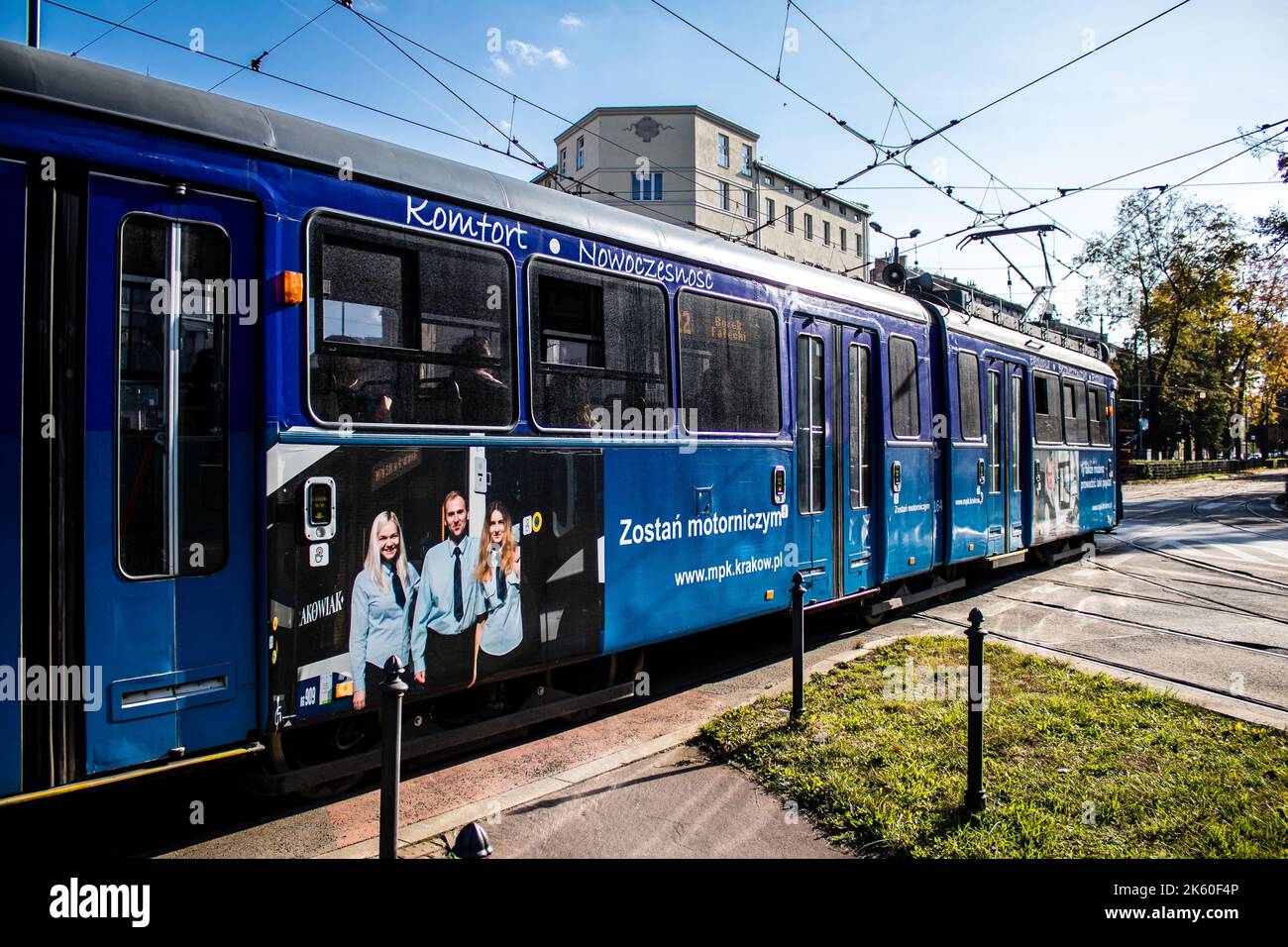 Krakow, Poland - October 08, 2022 Modern electric tram driving in the ...