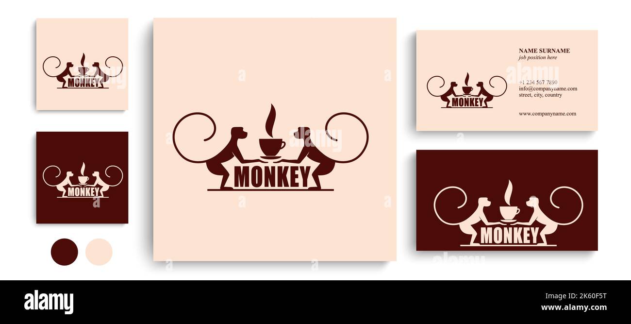 Monkey with a cup of coffee or tea. Logo or badge for coffee shops and ...
