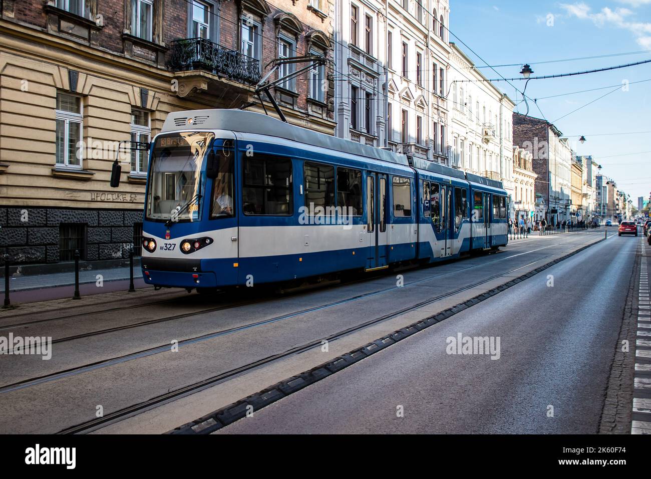 Krakow, Poland - October 08, 2022 Modern electric tram driving in the ...