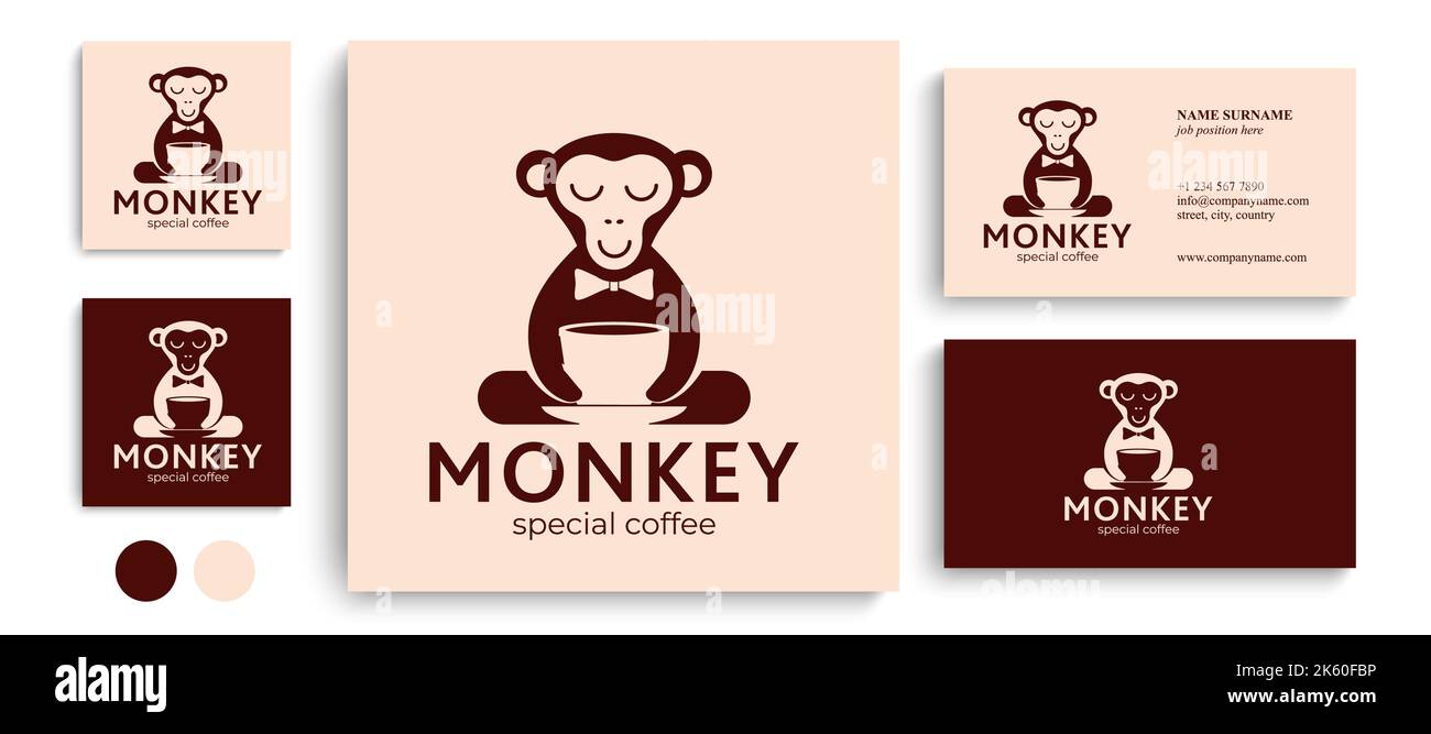 Monkey with a cup of coffee or tea. Logo or badge for coffee shops and ...