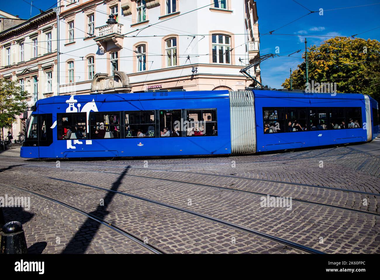 Krakow, Poland - October 08, 2022 Modern electric tram driving in the ...