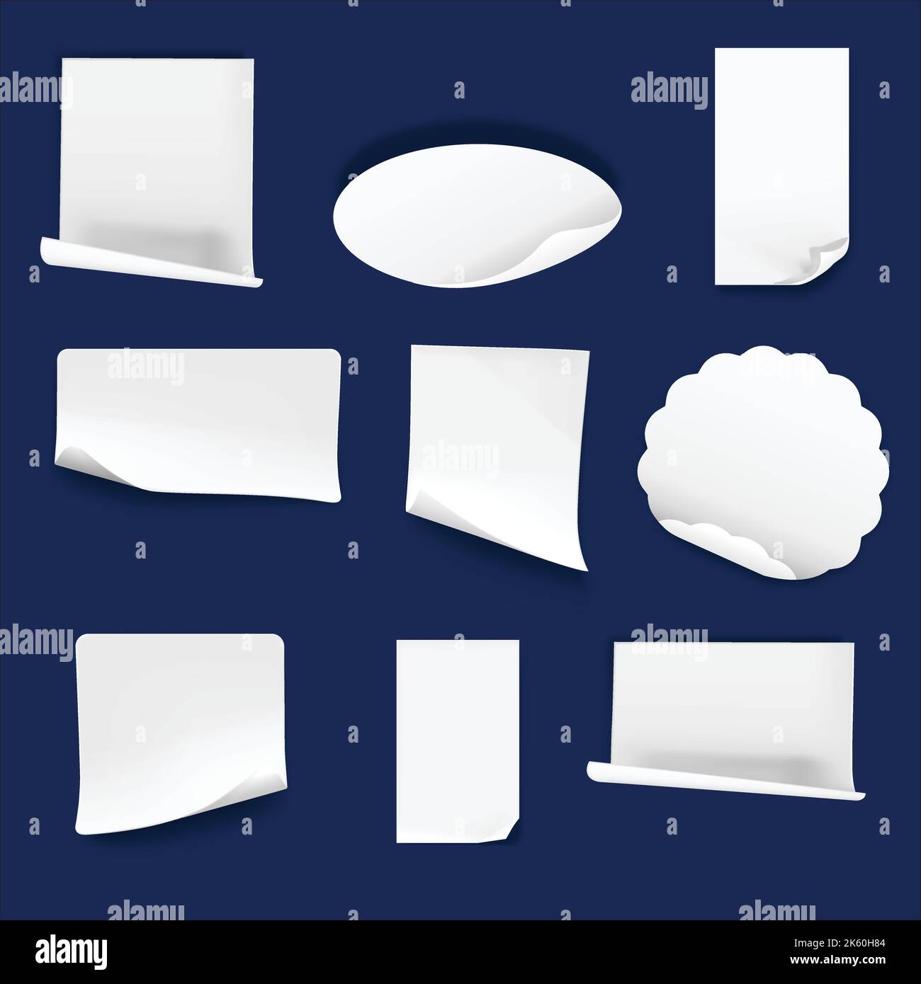 A set of realistic paper stickers isolated on navy blue background ...