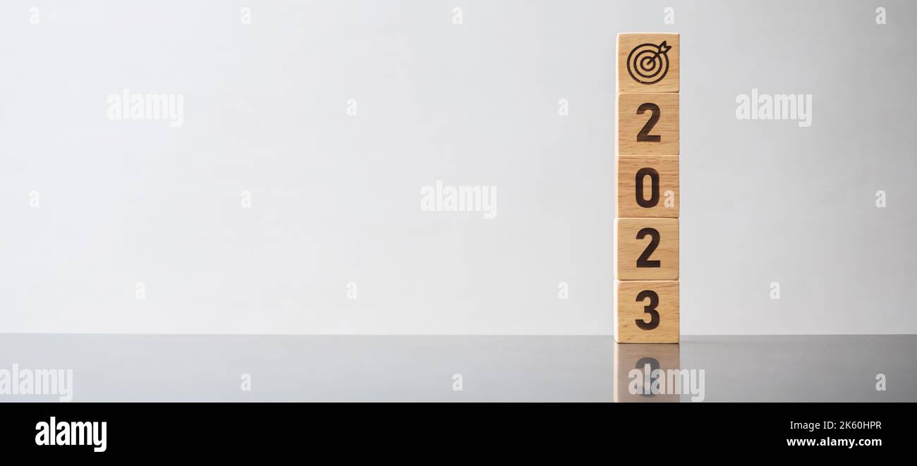 2023 block with dartboard sign. Business Goal, Target, Resolution, strategy, plan, Action ...