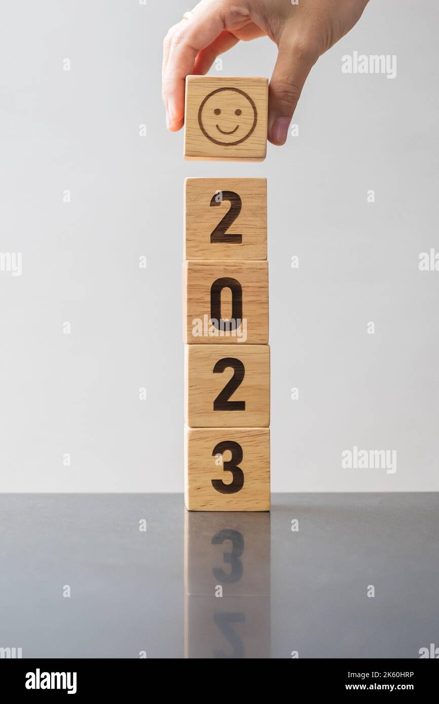 Smile face block with 2023 text. Satisfaction, feedback, Review and New ...