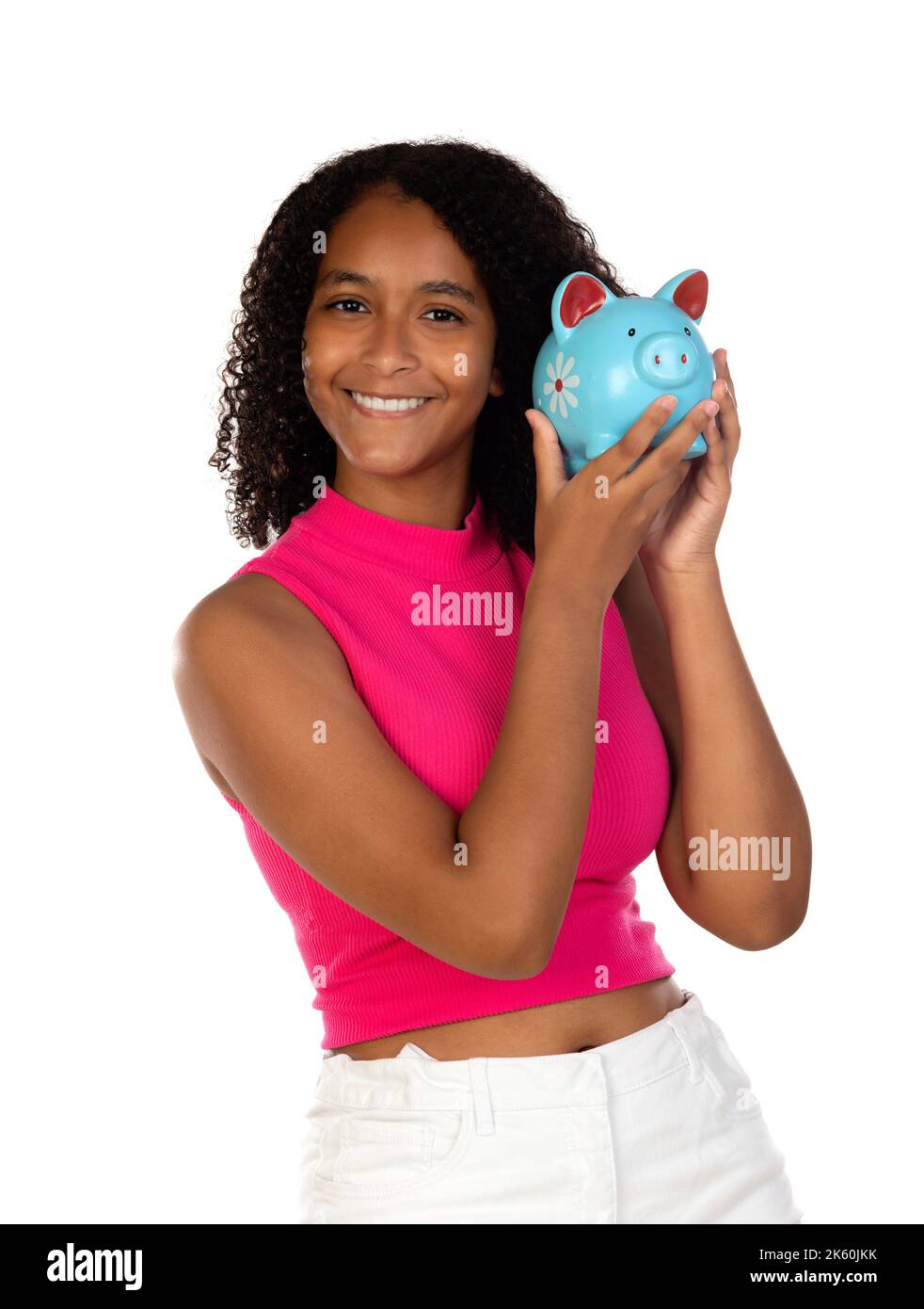 Young african american girl teen student in pink clothes, holding pig ...