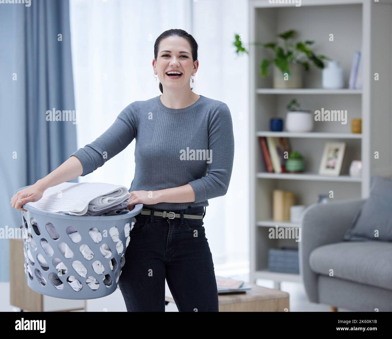 House work, laundry and a woman with basket with clothes, housekeeping ...