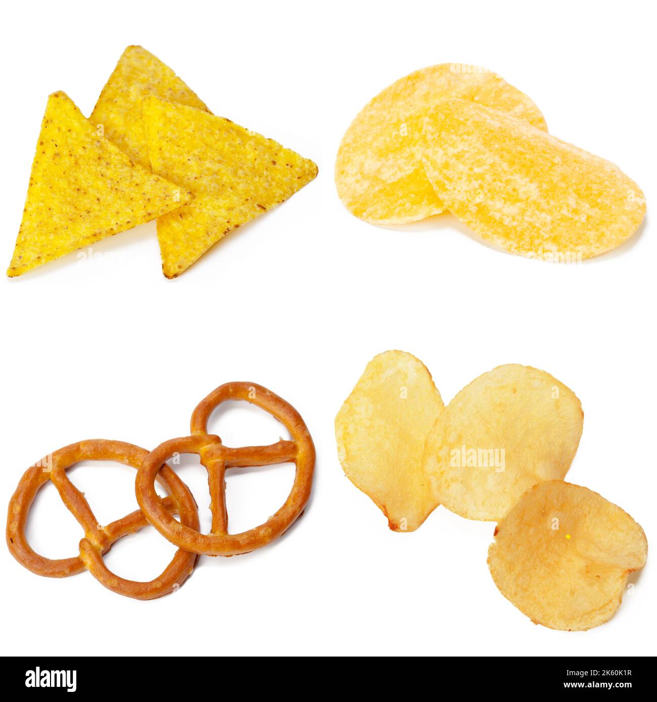 Salty snacks. Pretzels, chips, crackers collage Stock Photo - Alamy