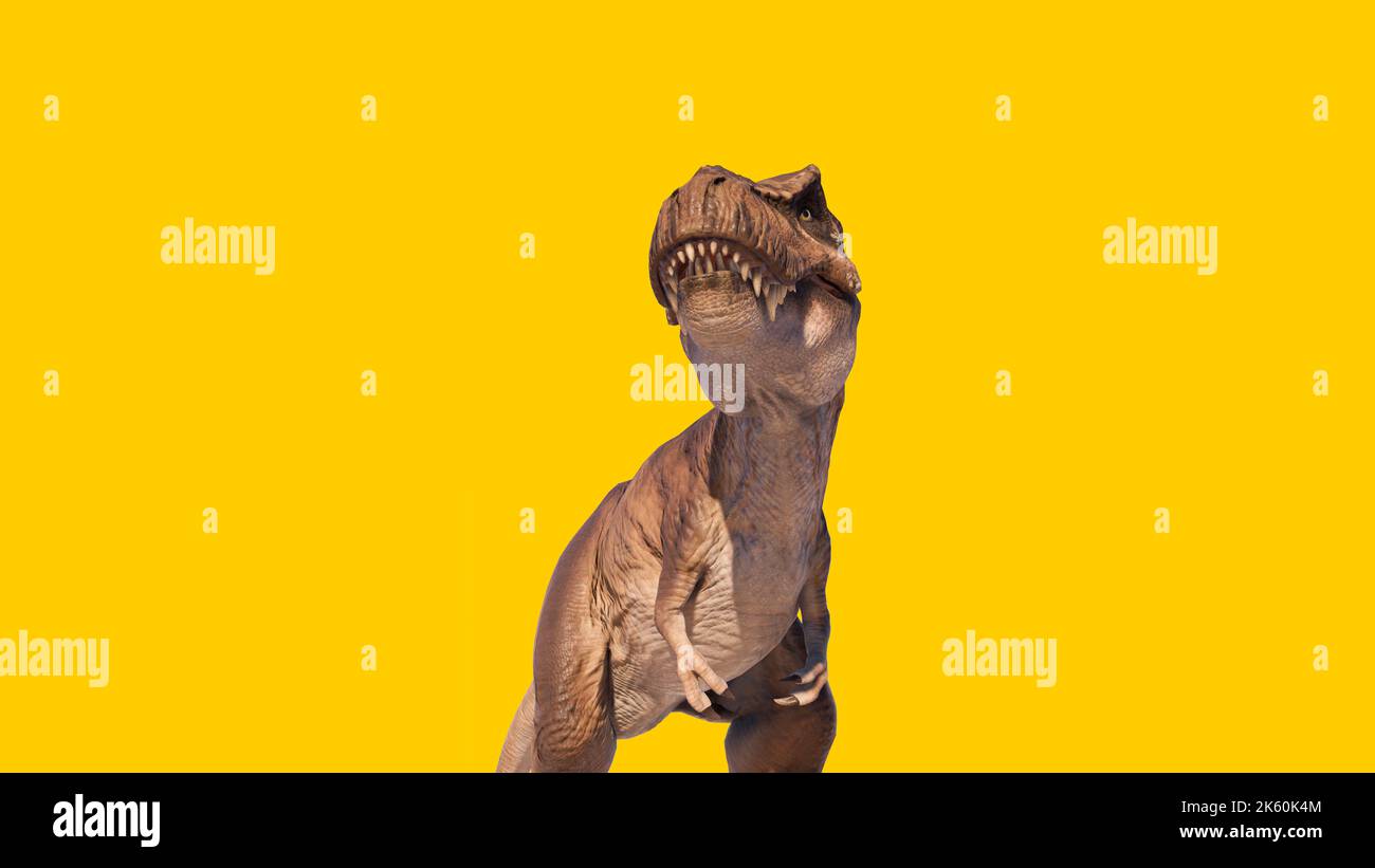 A Tyrannosaurus rex dinosaur isolated on a bright yellow background ...