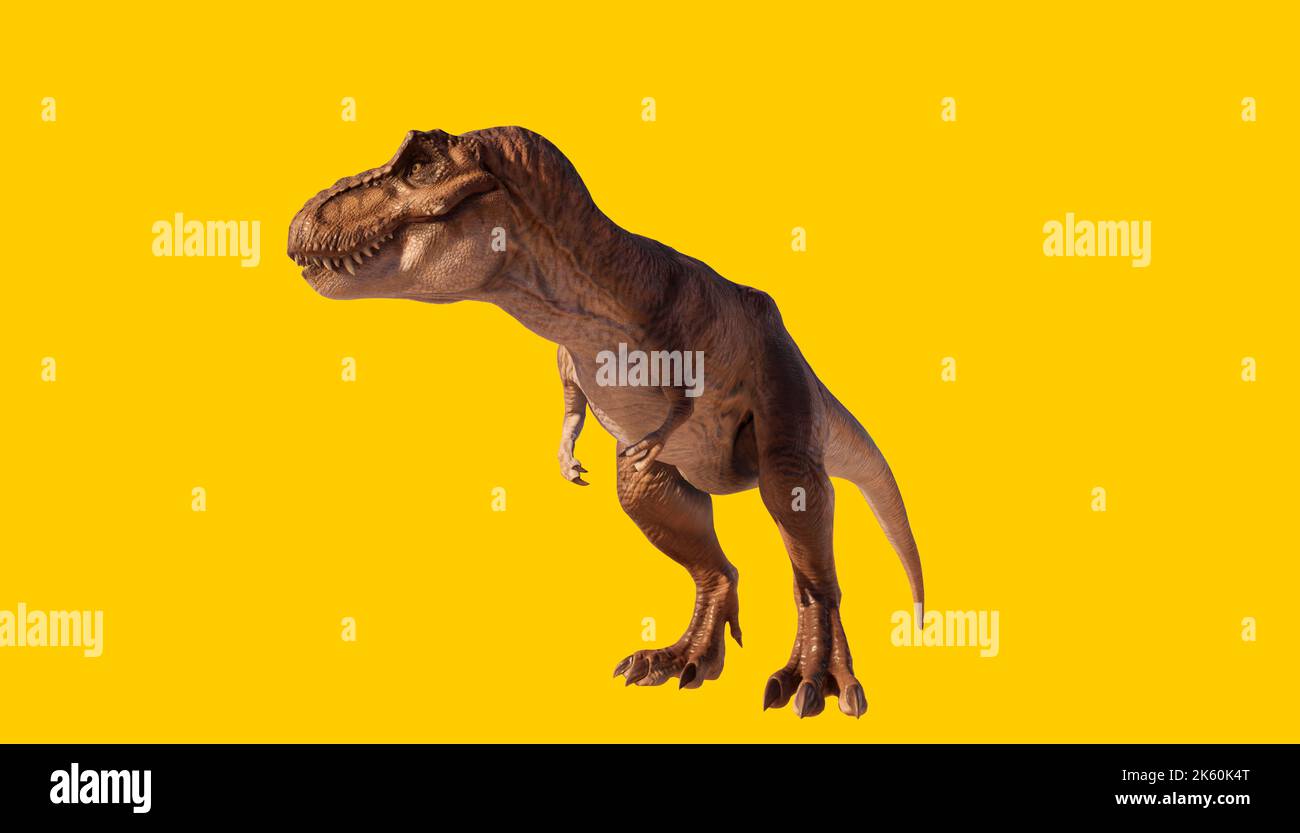 A Tyrannosaurus rex dinosaur isolated on a bright yellow background ...