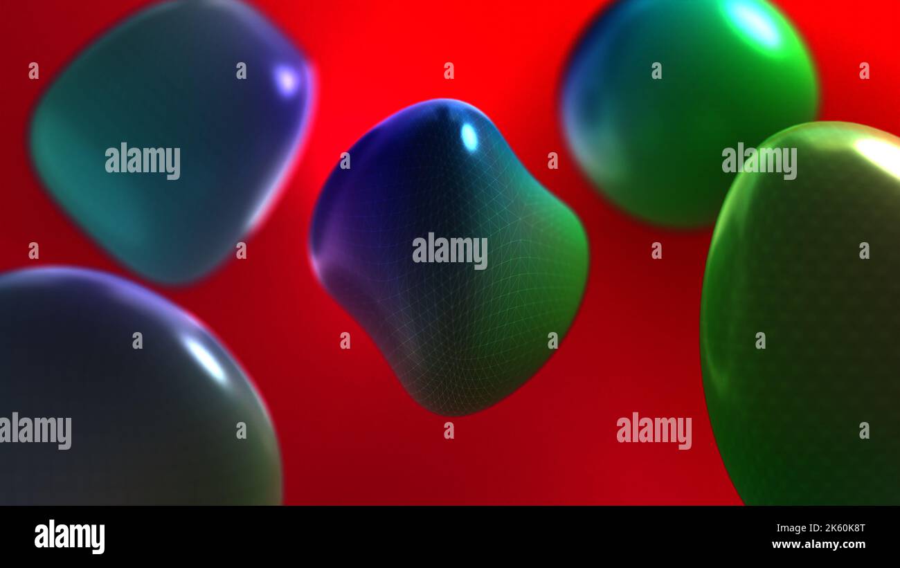 3D rendering of isolated blobs with gradient colors on vibrant red ...