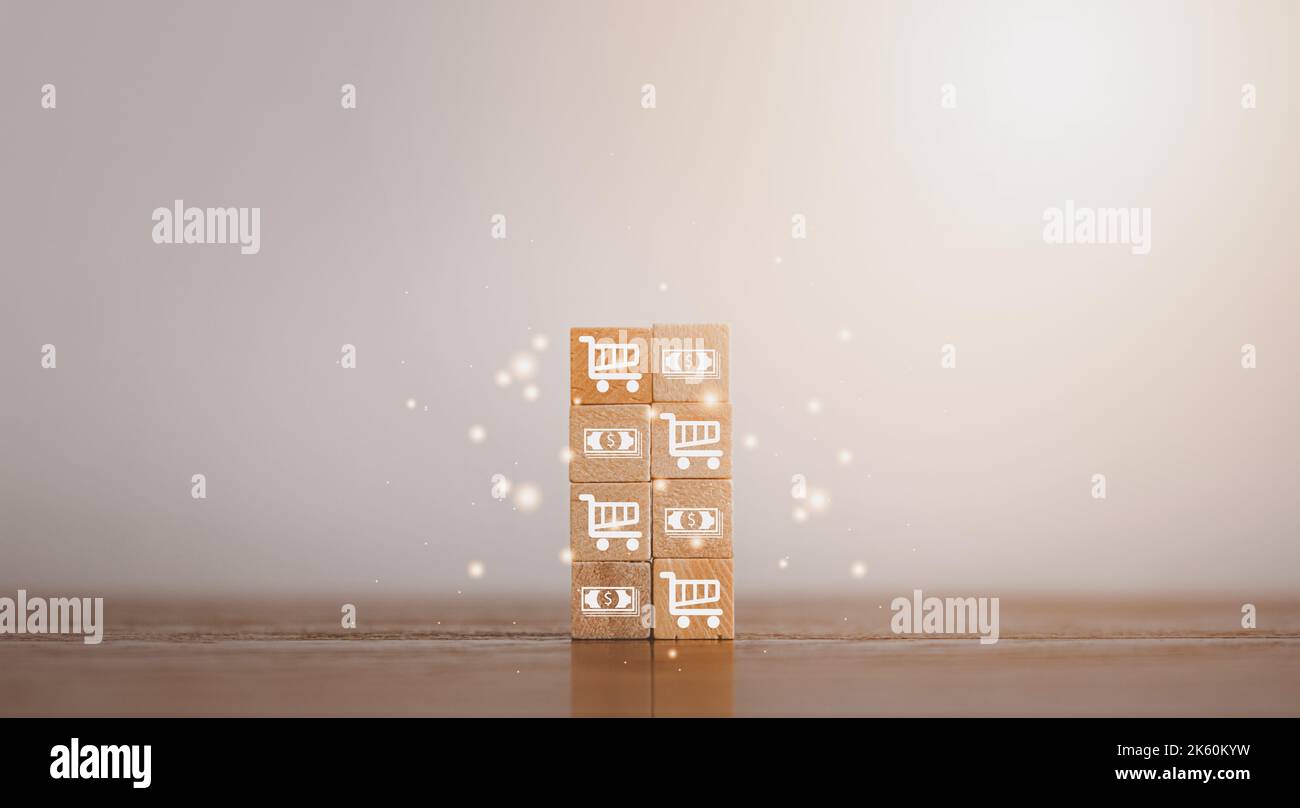 Woods block square step with shopping and payment icon. Futuristic e ...