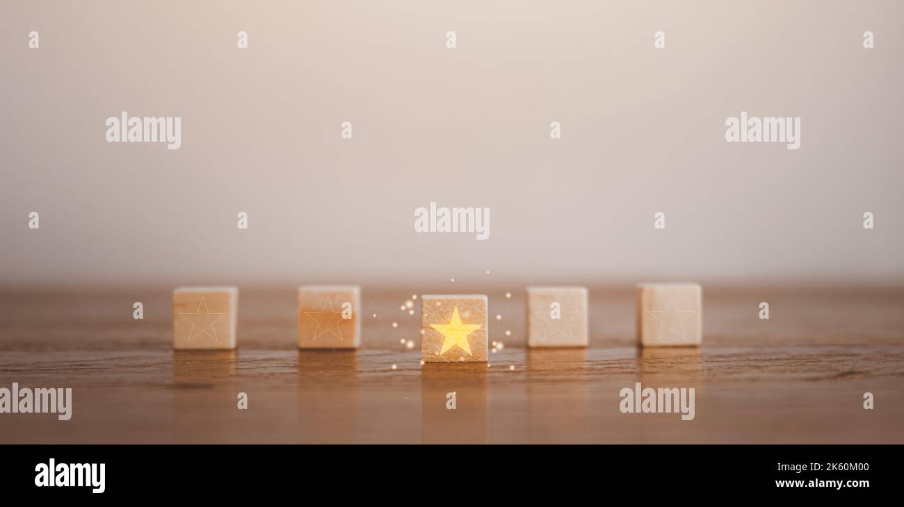 5 Star rating on wood block square. Customer service evaluation and ...