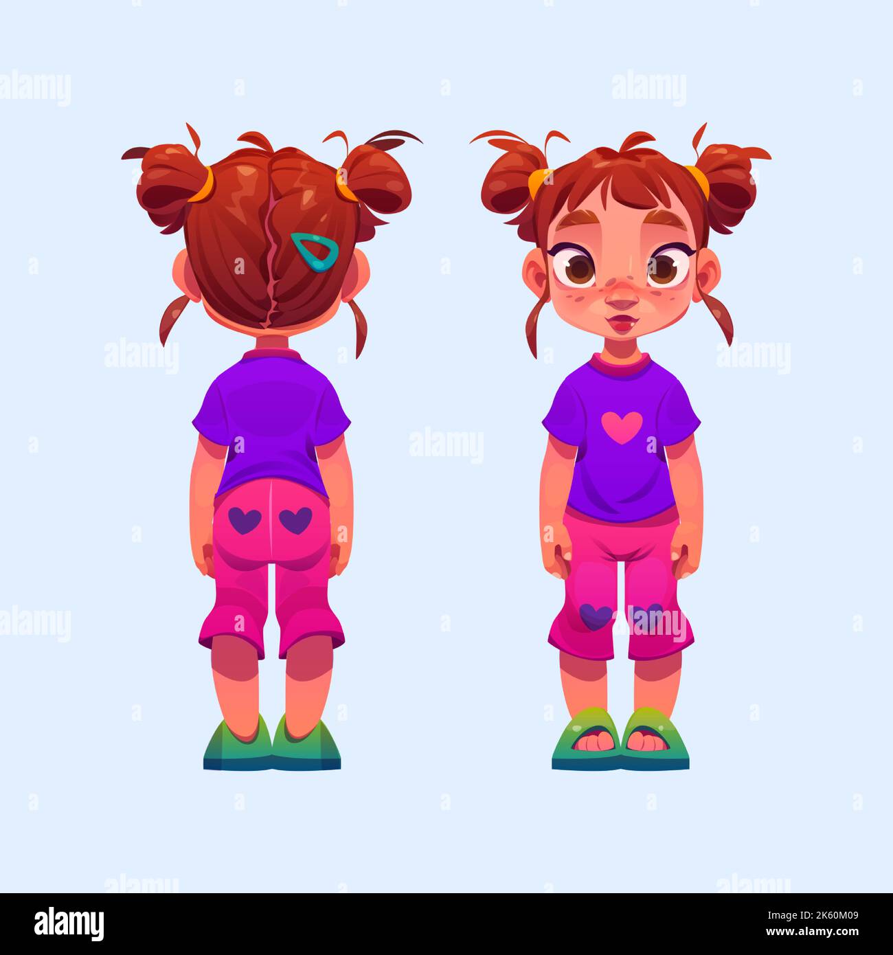 Cute little girl in front and back view. School student avatar. Vector ...
