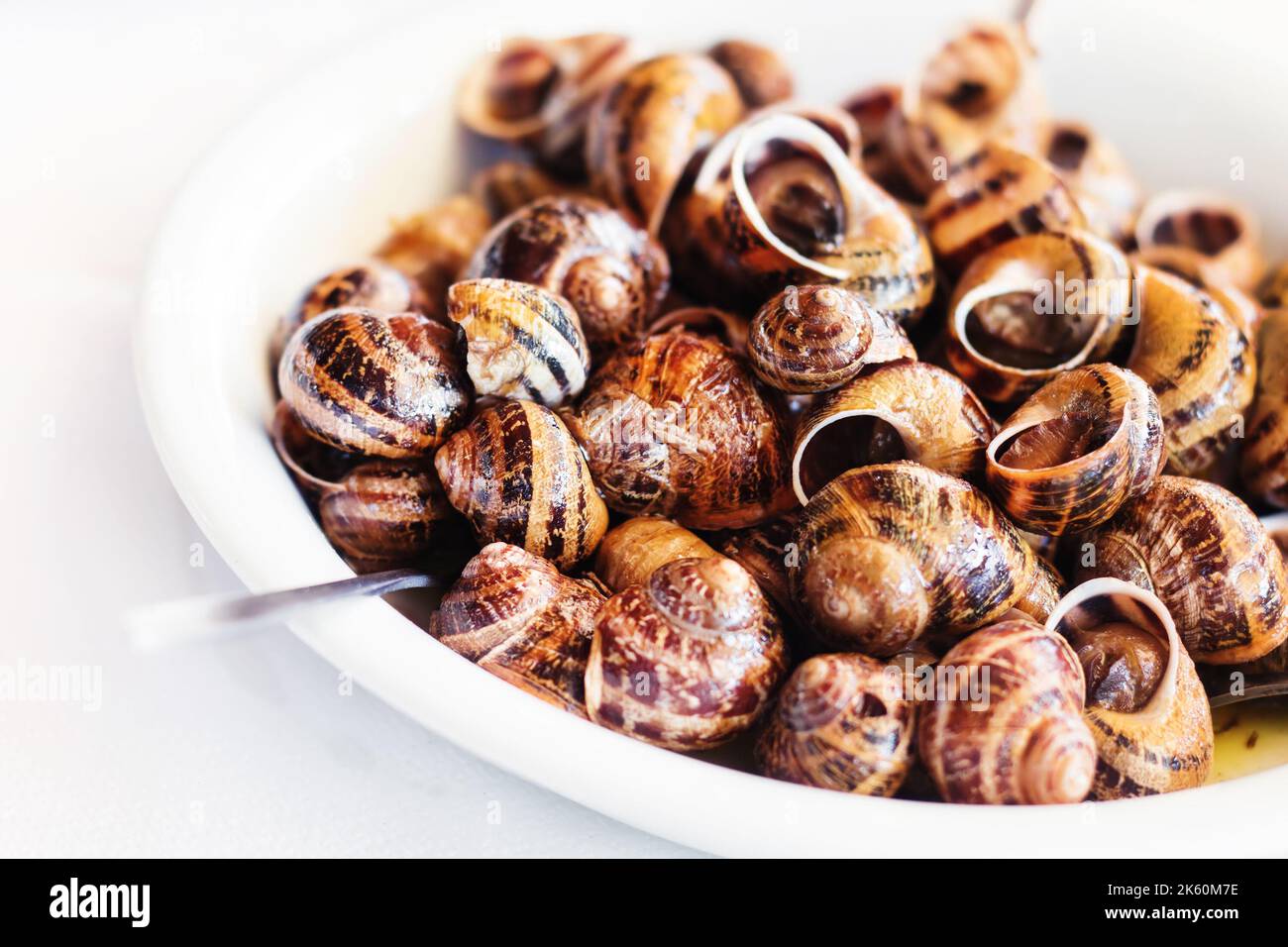 Snails cooked in white wine, traditional Cretan recipe (selective focus ...