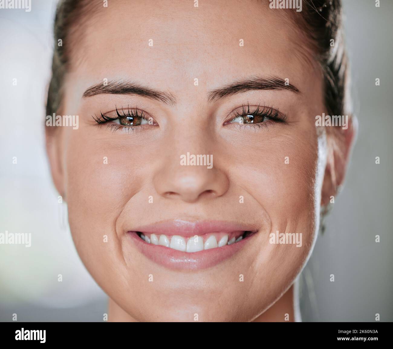 Closeup portrait of one smiling woman alone in gym. Headshot of ...