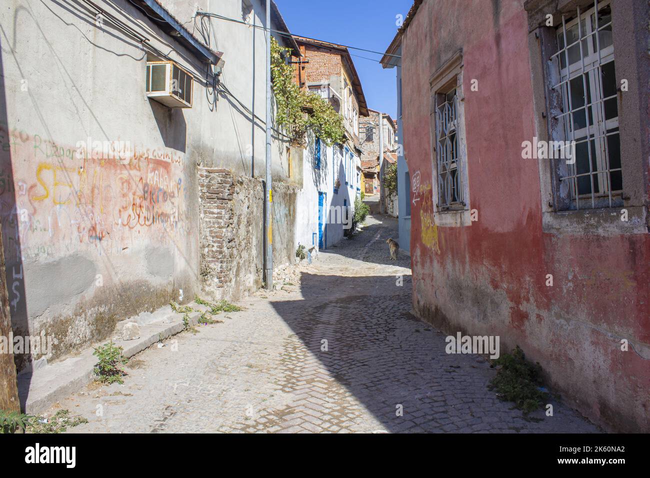 Old street, historic narrow street and old houses in Bergama Izmir ...