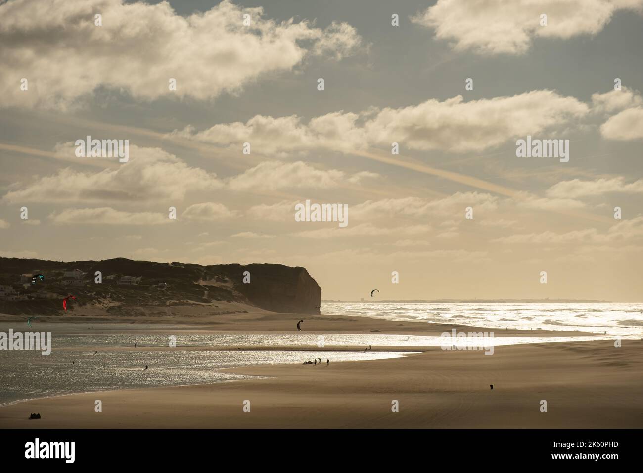 Panoramic view of the seascape of Foz do Arelho Beach with sunset sky ...